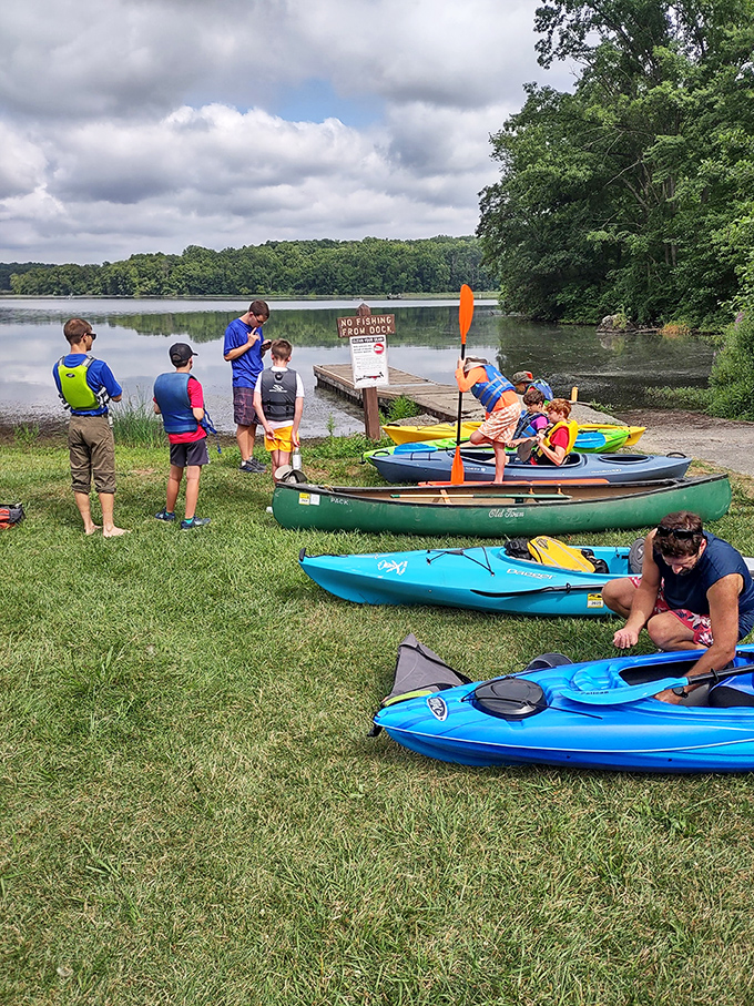 Kayak lineup that promises aquatic adventures. These colorful vessels are Pennsylvania's answer to Venetian gondolas, just with more life vests and less opera.
