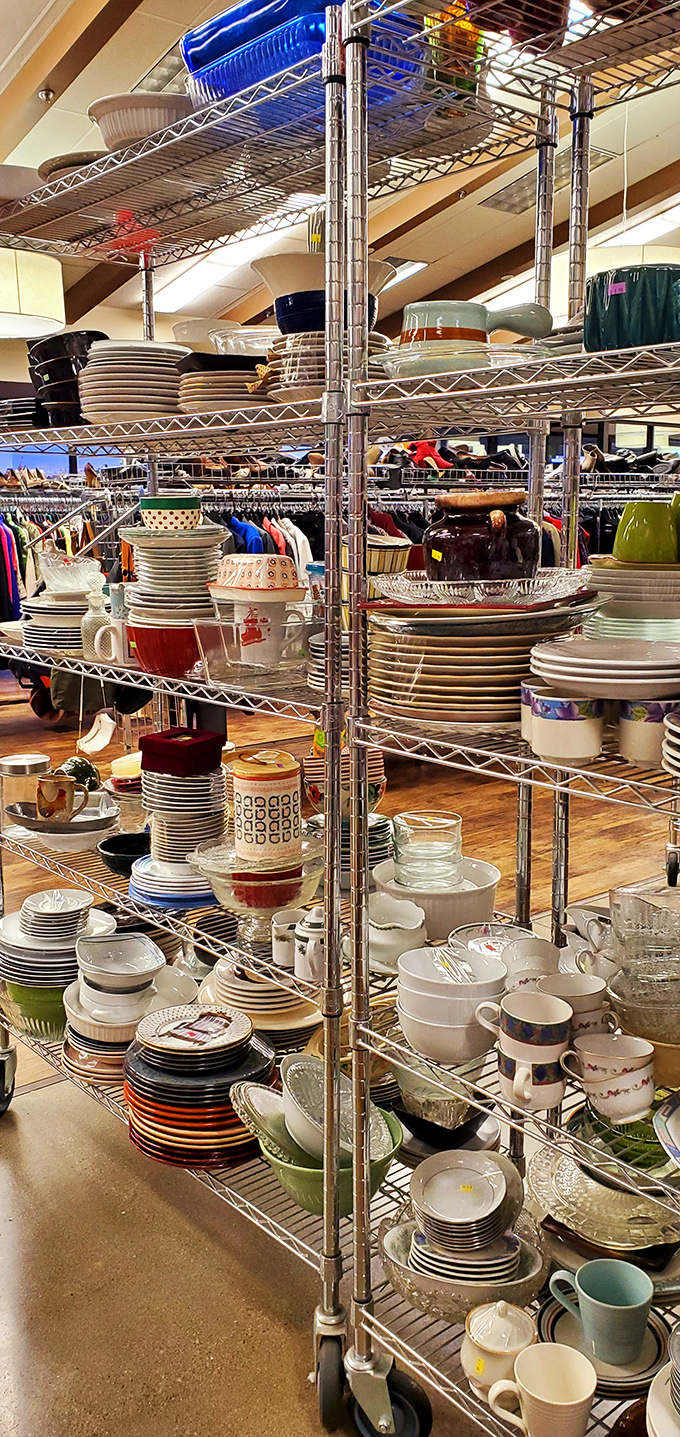 Plates stacked like vinyl records in a collector's shop - each pattern a flashback to someone's dinner parties of decades past.