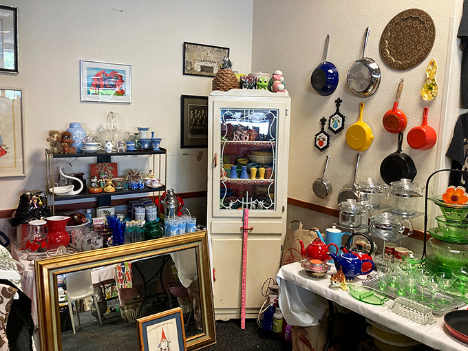 Colorful vintage kitchenware that cooked family meals when recipes were passed down, not googled.