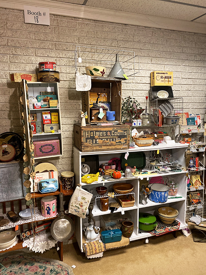 This vintage kitchenware display reminds us that before there were air fryers, there were grandmothers who could make magic with cast iron and wooden spoons.