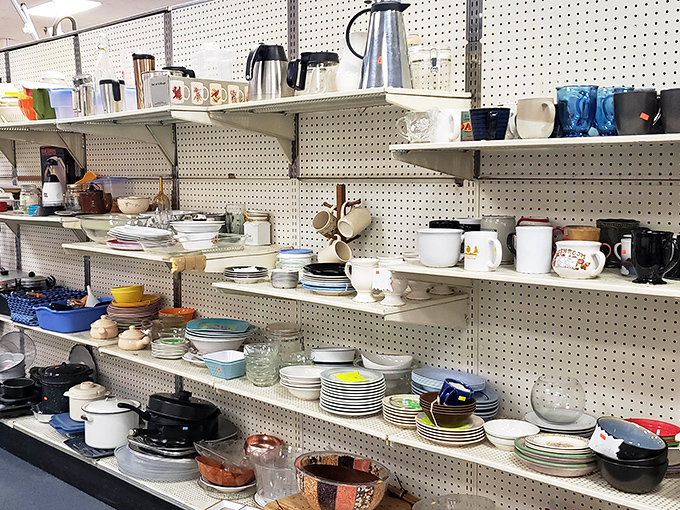 Kitchen dreams are built on pegboard walls. From forgotten Pyrex patterns to perfectly seasoned cast iron, culinary history lines these shelves.