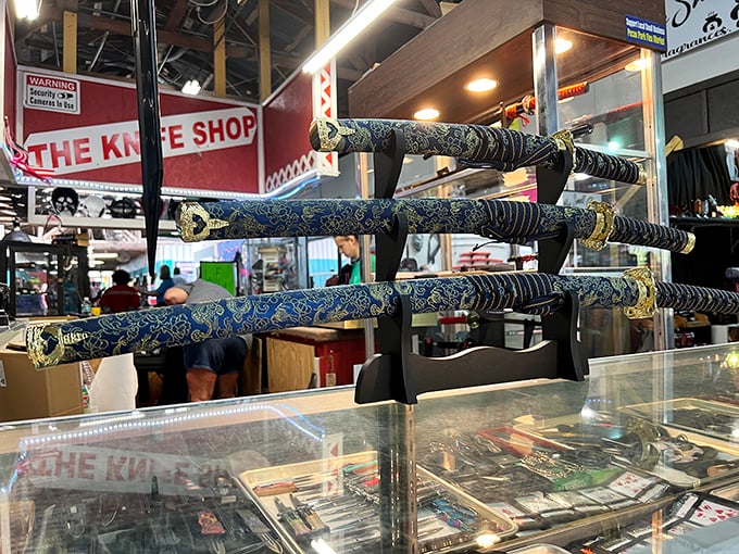 The Knife Shop display gleams with craftsmanship that would make any chef or collector swoon. Sharp objects, sharper deals.