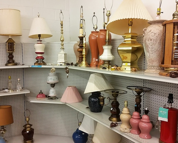 Lamps of every era illuminate this corner of possibility. That brass beauty could be the missing piece in your living room's lighting puzzle.