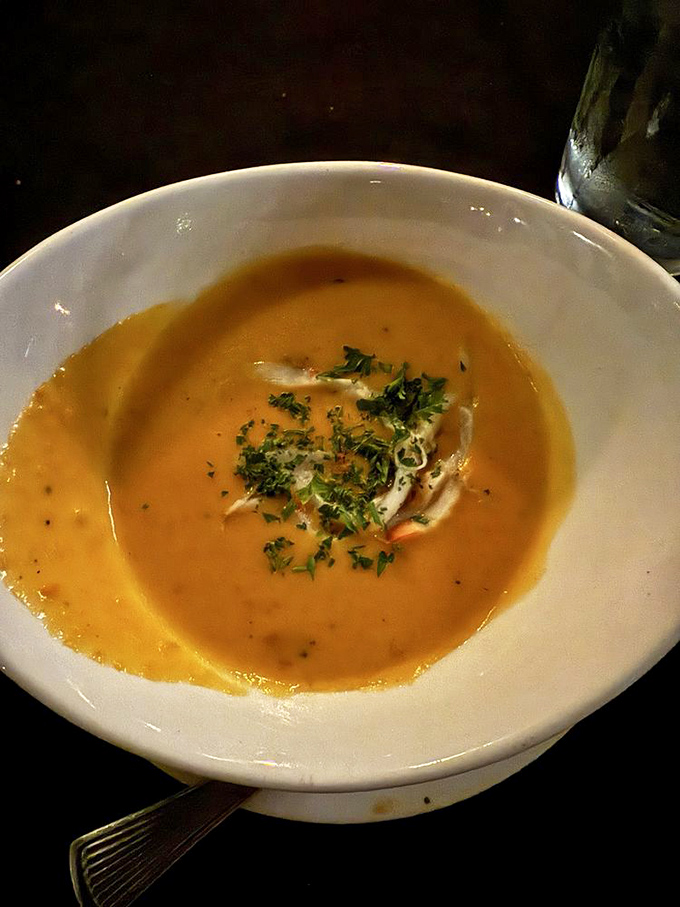 Lobster bisque so velvety and rich it should come with its own investment portfolio. That sprinkle of herbs? The perfect finishing touch.