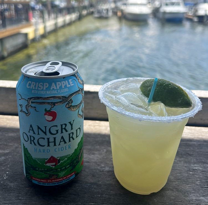 Waterfront drinks taste better—it's science. A margarita and hard cider become vacation in a glass when marina views are included.