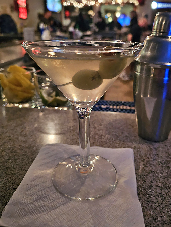 A properly made martini &ndash; cold as a Wisconsin January but infinitely more welcome. Three olives means it's practically a salad.