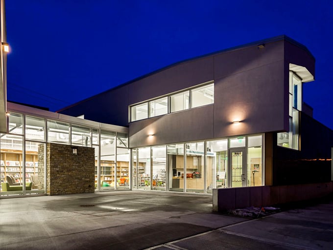 Viroqua's modern library shines like a beacon of knowledge after dark, proving small towns can embrace contemporary design while honoring their literary souls.