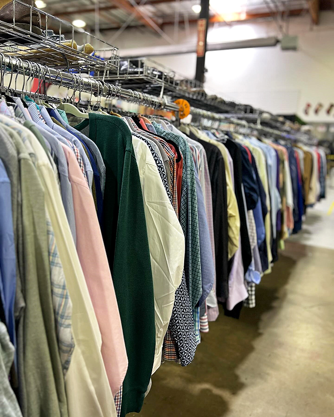 The men's section: where Hawaiian shirts get their second act and business casual finds new purpose. Wardrobe refresh without the sticker shock.