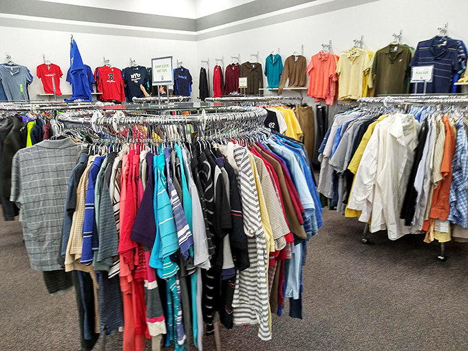 The men's department: where Hawaiian shirts and business attire coexist peacefully. That perfect plaid flannel or vintage bowling shirt is hiding somewhere in this textile jungle.