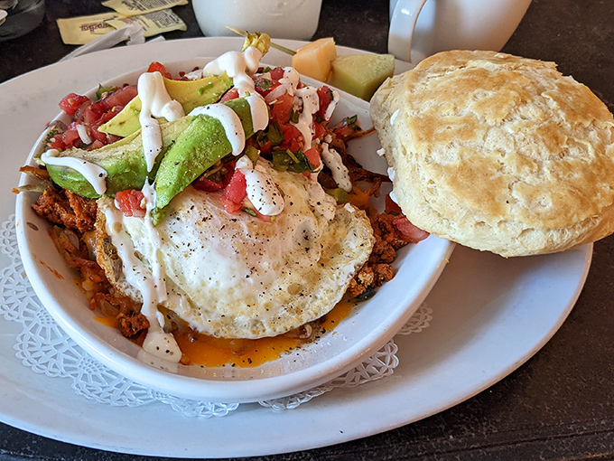 A breakfast skillet that's having more fun than most people on vacation. That perfectly cooked egg on top is basically wearing a "life of the party" hat.