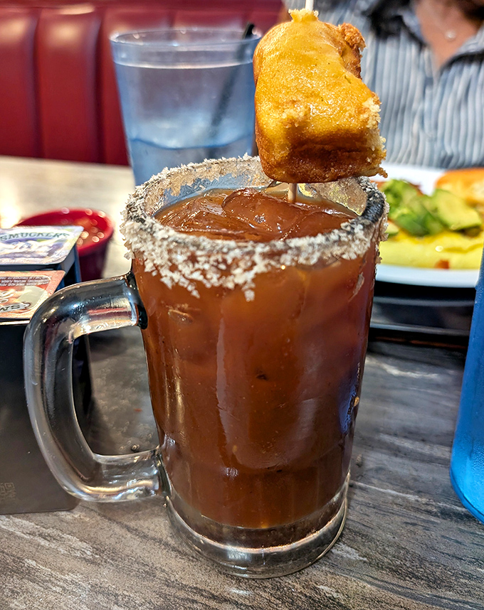 The Bloody Mary's brawnier cousin&mdash;a Michelada with enough garnish to qualify as an appetizer. That fried nugget perched on top isn't just decoration.