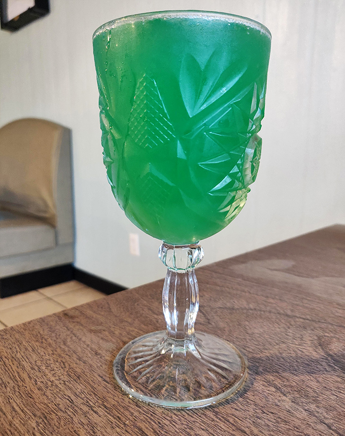 That emerald green mimosa isn't just a drink, it's a conversation piece&mdash;served in vintage cut glass that your grandmother would absolutely approve of.