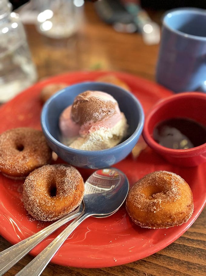 These cinnamon-sugar mini donuts with ice cream make childhood dreams come true in adult-sized portions. 