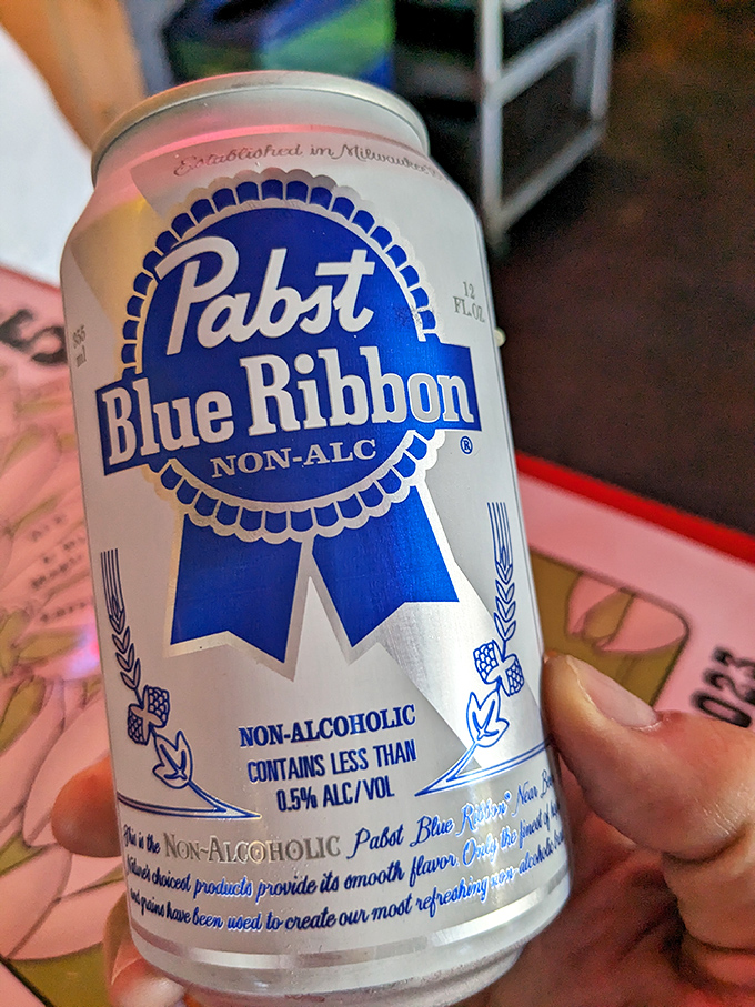 Even the non-alcoholic options get respect here. This PBR NA lets designated drivers feel like part of the party without the morning regrets.
