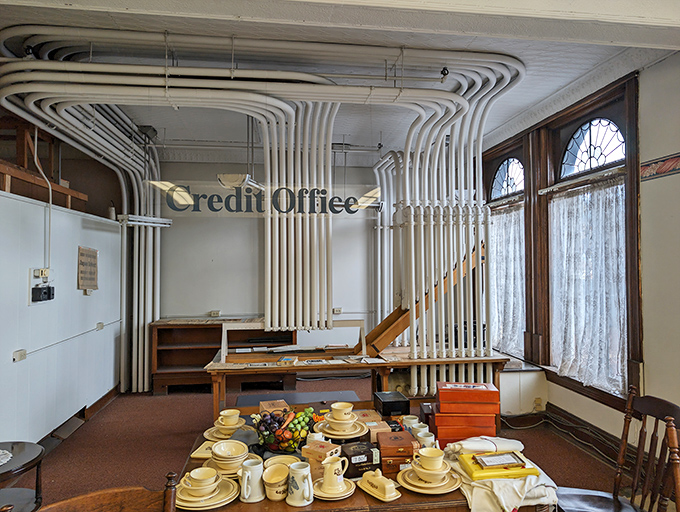 The "Credit Office" sign remains from department store days, while vintage dishware finds new purpose below. History layered upon history&mdash;like an archaeological dig indoors.