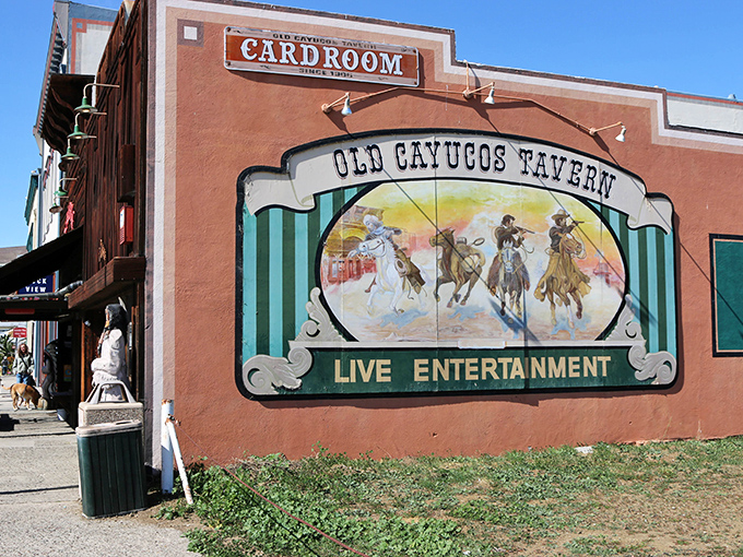 The Old Cayucos Tavern's mural promises Wild West entertainment in a town where "rush hour" means more than three people at the bar.