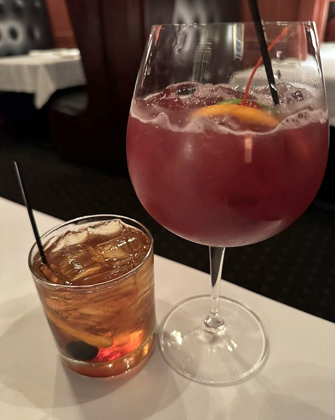The perfect steakhouse pairing: an old fashioned for contemplating life's big questions and sangria for forgetting them entirely. 
