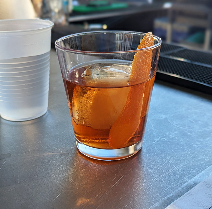 Even the cocktails get the barbecue treatment &ndash; this Old Fashioned with its perfect ice cube looks like liquid amber in the afternoon light.