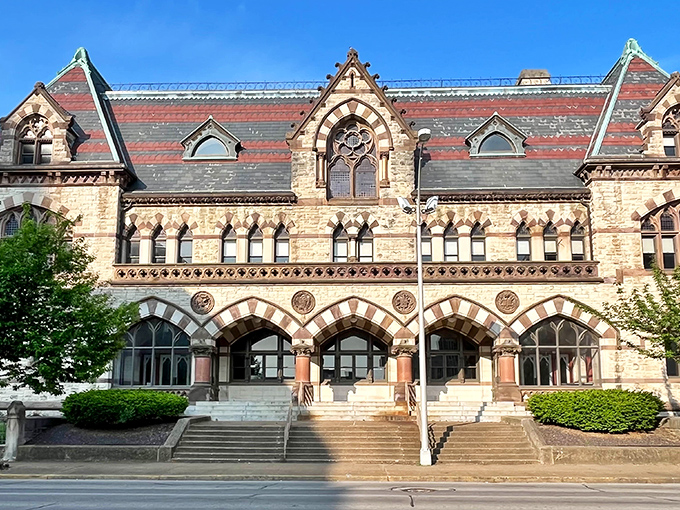 The Old Post Office's Romanesque revival style proves that even sending mail was a grand affair in Evansville's architectural heyday.