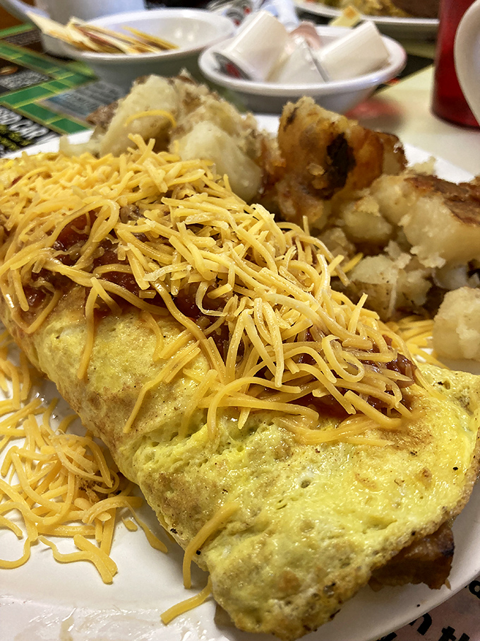 An omelet so fluffy it might float away if not anchored by that glorious mountain of melted cheese. Pure breakfast artistry.