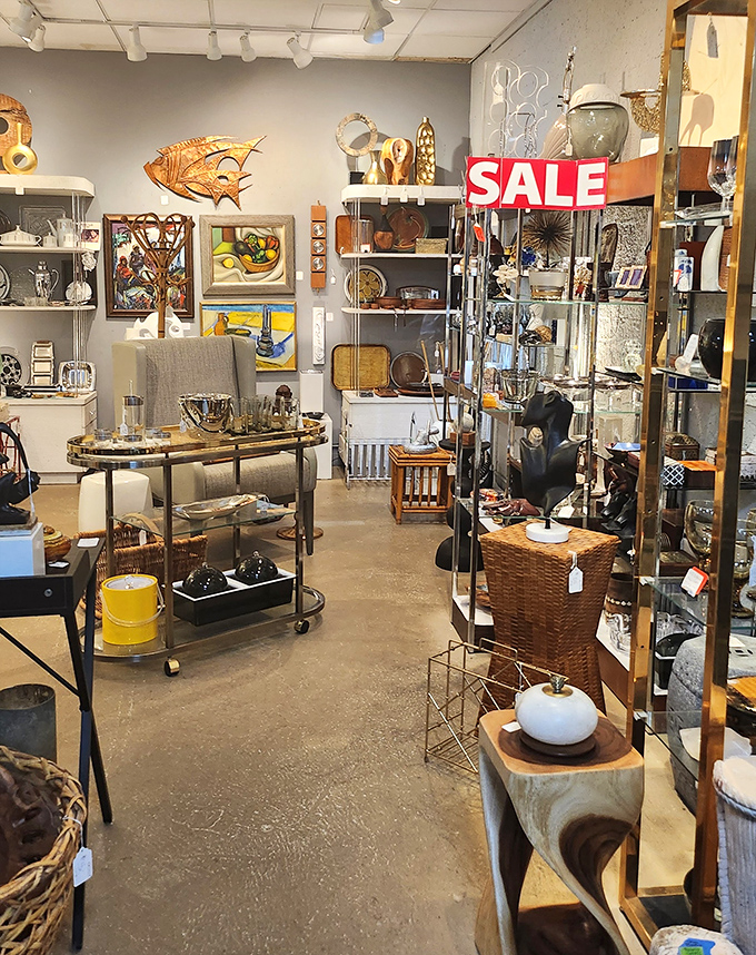 This curated corner feels more gallery than thrift store, with mid-century modern pieces arranged like an art installation waiting for new appreciation.