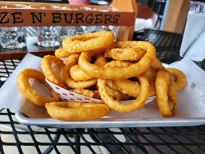 Onion rings stacked high enough to double as Olympic rings. Crispy, golden, and substantial enough to satisfy even the hungriest Ohioan.