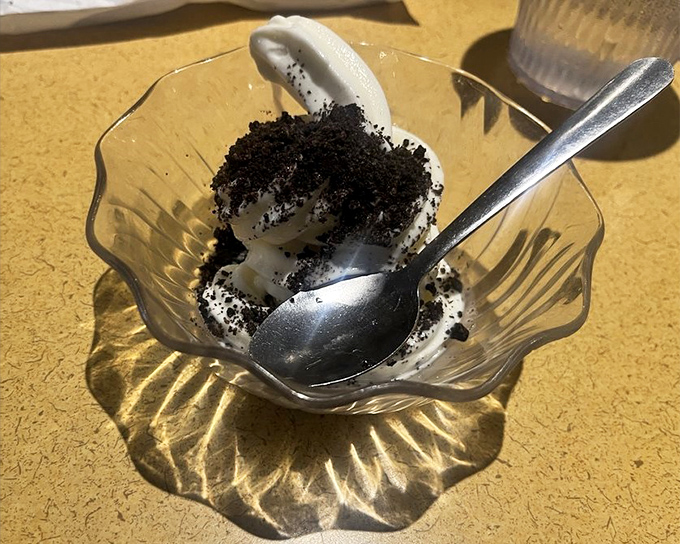 Oreo ice cream in a glass dish&mdash;proof that sometimes the simplest desserts are the ones we fight our children for.