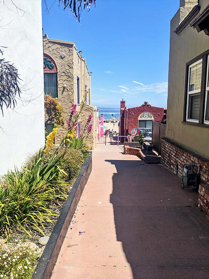 Hidden pathways between colorful cottages reveal the intricate village-like layout that makes Capitola feel like a secret Mediterranean discovery.