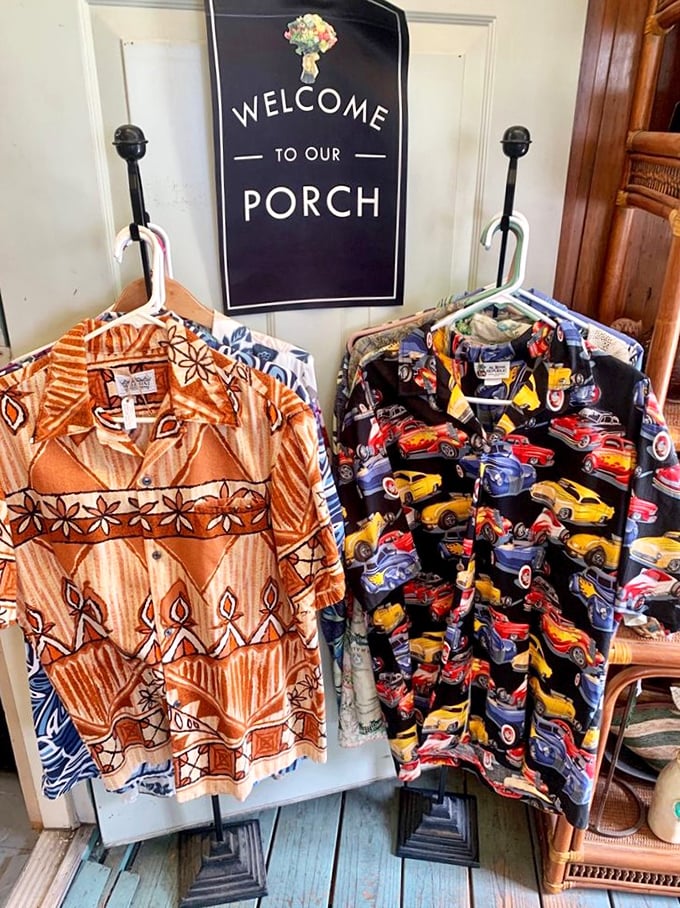Hawaiian shirts and classic car prints&mdash;the unofficial California retirement uniform, hanging ready for your next backyard barbecue or car show.