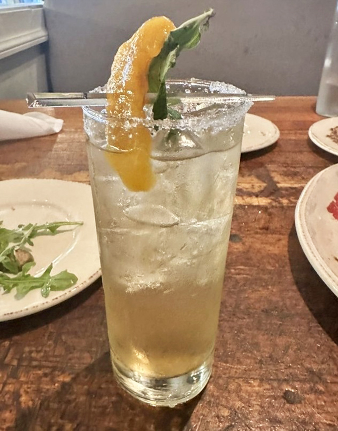 A cocktail that looks like sunshine in a glass, with that sugar-rimmed edge promising sweetness before you even take your first sip.