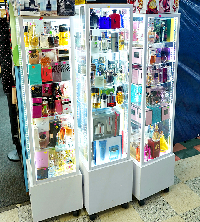 Perfume displays that would make a department store blush with inadequacy. Somewhere between designer knockoffs and genuine finds, your new signature scent awaits.