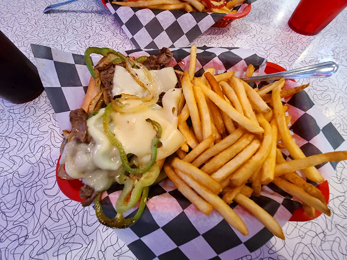 A Philly cheesesteak that would make Rocky himself throw in the towel. Those grilled peppers and melted cheese are doing a victory dance.