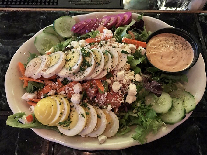 Fresh ingredients transform a simple salad into a vibrant palette of colors and textures that proves Irish pubs can do light and refreshing too.