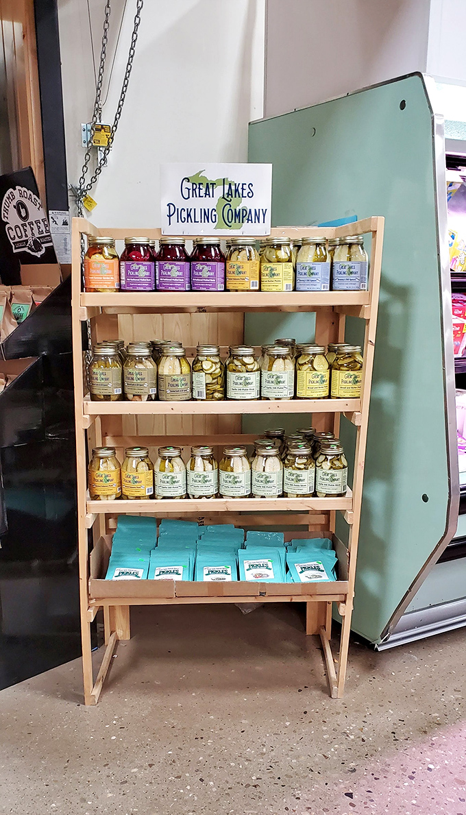 Pickle jars lined up like soldiers, ready to add that perfect crunch to your life.