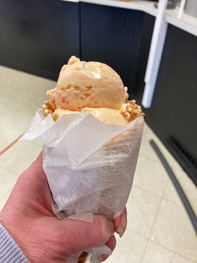 Ice cream with a view. The red barn backdrop confirms you're not hallucinating this creamy masterpiece &ndash; though you might dream about it later.