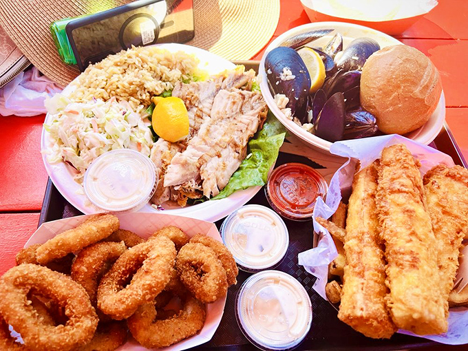 The seafood lover's dream platter&mdash;a maritime feast featuring crispy calamari rings, fish fillets, and grilled salmon. Decisions were made, and they were excellent ones.