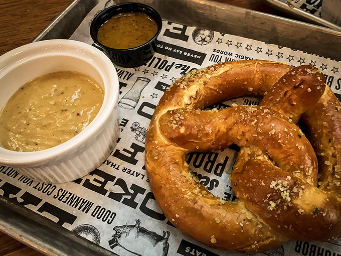 Not just any pretzel&mdash;a hop salt pretzel with beer cheese for dipping. Carbs and cheese: civilization's greatest achievement.