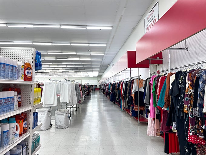 The long view down aisle infinity, where household essentials meet forgotten treasures in a retail version of "This Is Your Life."