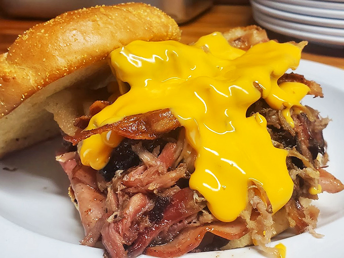 When cheese this vibrant cascades over pulled pork this tender, you don't question it &ndash; you simply thank the BBQ gods for their delicious blessings.