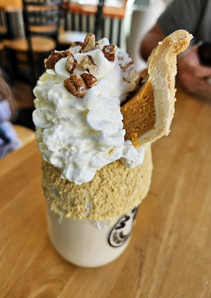 This isn't just a shake&mdash;it's autumn in a cup with a crown of whipped cream and what appears to be candied pecans for good measure.