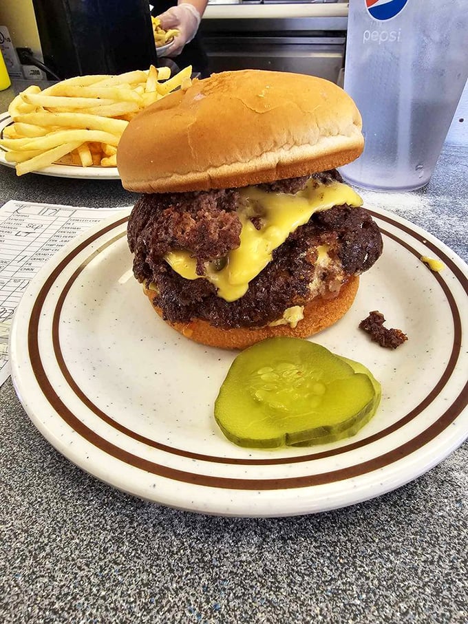 Melted cheese cascading down hand-formed patties like Niagara Falls, if the falls were made of American cheese and happiness.