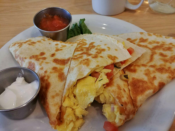 This quesadilla arrived dressed to impress, with sides of salsa and sour cream ready for their supporting roles.