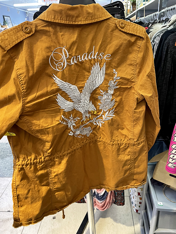 That mustard jacket with embroidered "Paradise" isn't just clothing &ndash; it's wearable art waiting for its next adventure.