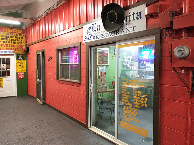 La Casita Restaurant brings authentic flavors to hungry shoppers. That giant sombrero on the wall isn't just decoration&mdash;it's a promise of culinary adventure.