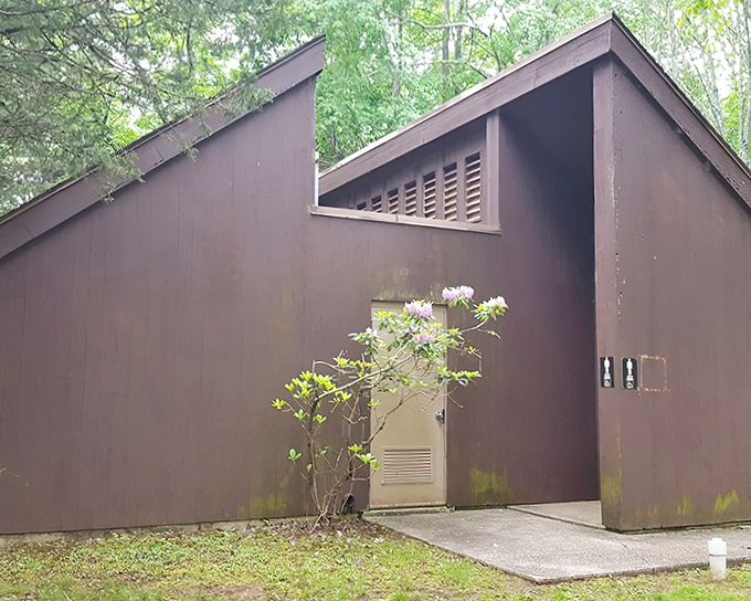Even state parks understand the importance of architectural understatement. This restroom facility won't win design awards, but it's there when you need it most.