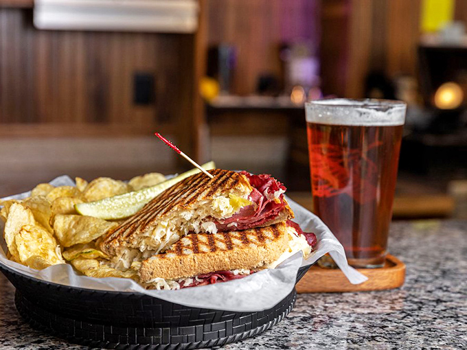The Reuben sandwich and cold beer&mdash;a Midwest power couple that never disappoints. That grill mark perfection speaks volumes. 