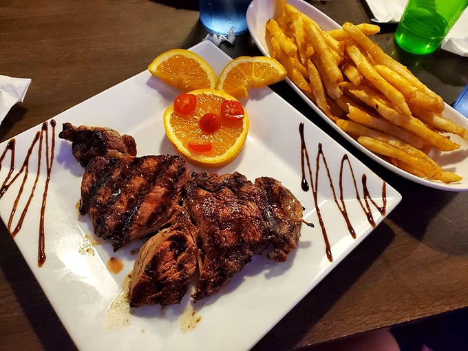 Even at a seafood joint, this ribeye demands respect. Those grill marks aren't just decoration&mdash;they're a signature on a meaty masterpiece.