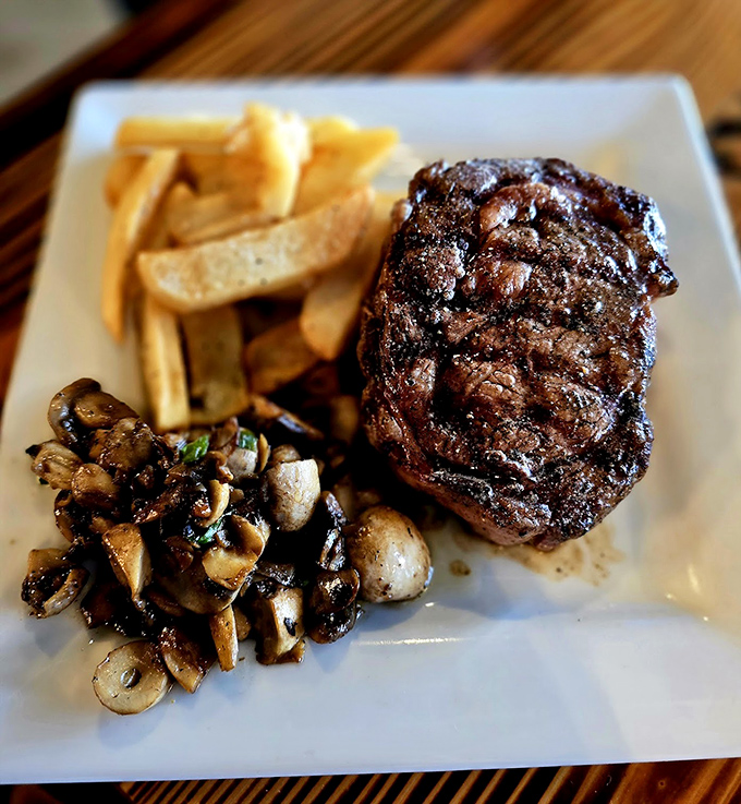 A filet that needs no introduction, accompanied by mushrooms that have found their life's purpose. This steak doesn't just melt in your mouth – it throws a party there.