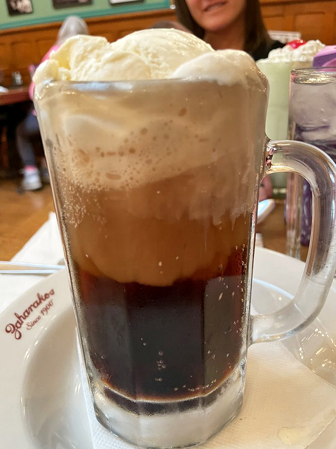 The root beer float arrives like a science experiment gone deliciously right &ndash; dark soda bubbling around islands of vanilla ice cream in a frosty mug.