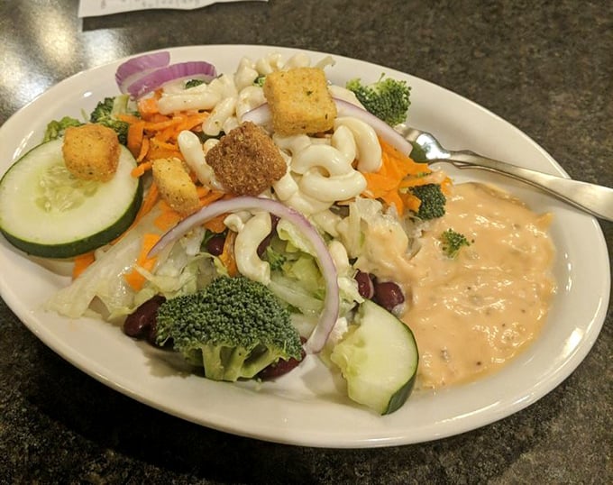 This isn't just a salad&mdash;it's a colorful canvas of crisp vegetables, pasta, and croutons, proving that at York, even the supporting characters get star treatment.